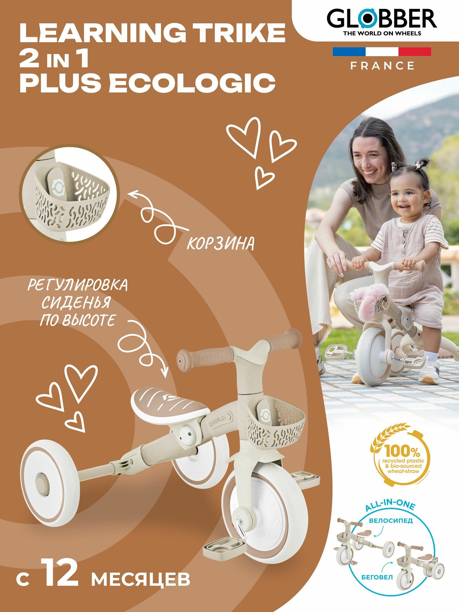 Трёхколёсный велосипед-беговел GLOBBER LEARNING TRIKE 2 in 1 PLUS ECOLOGIC