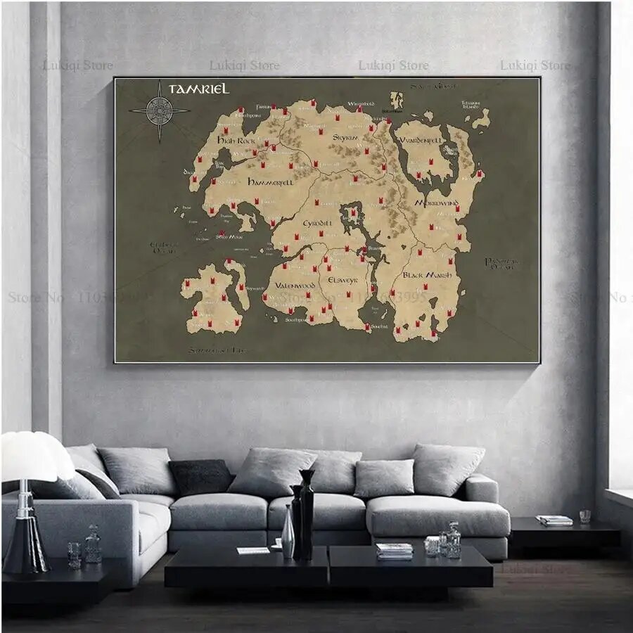 Винтажная карта Elder Scrolls Skyrim на холсте P6, 40x60cm No Frame