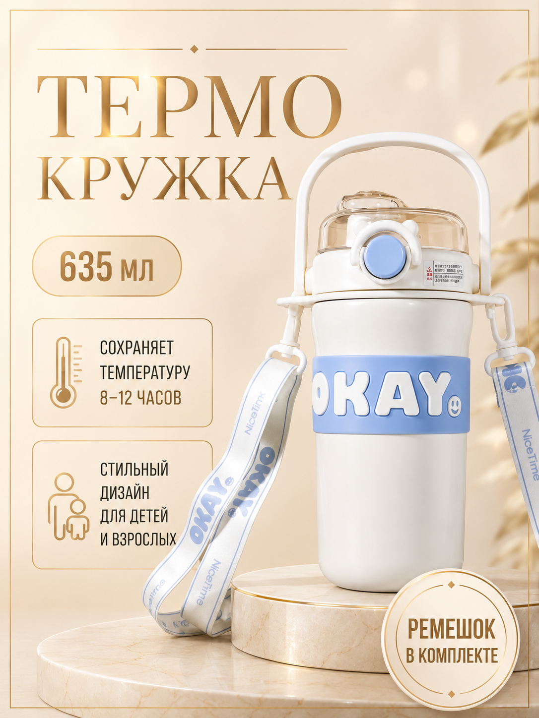 Термос детский с ремешком OKAY, Термобутылка с ручкой, Непроливайка для горячих напитков, 635 мл, Белый