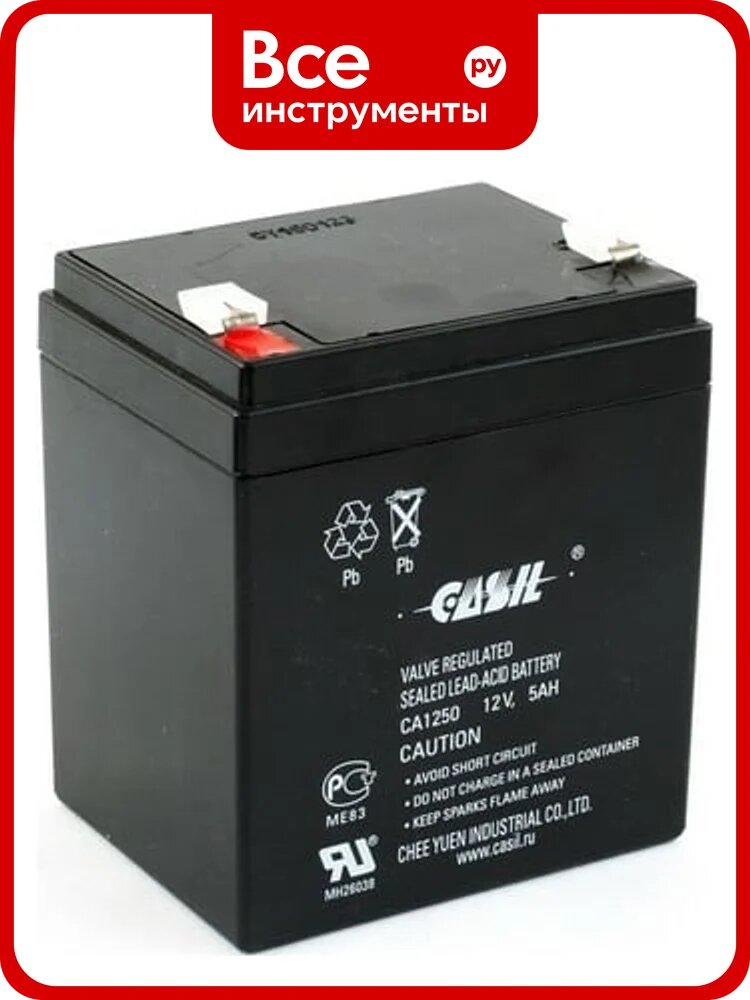 Аккумуляторная батарея CASIL CA1250 AGM 12В 5Ач с прямой полярностью, пусковой ток 15А, размеры 90x70x101 мм, вес