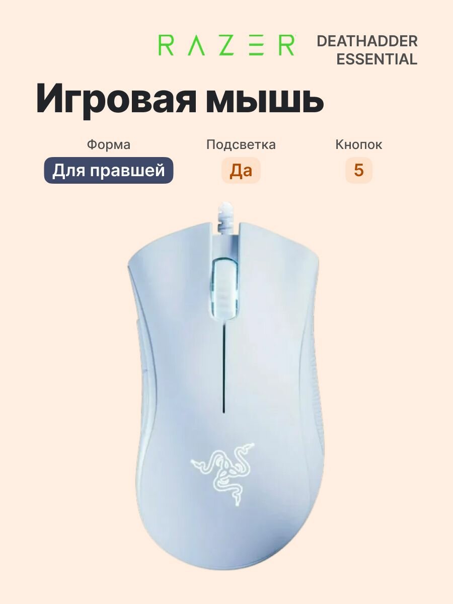 Razer Проводная игровая мышь DeathAdder Essential, для ПК и ноутбука, оптическая 2400 DPI, USB 1.7 м, белая