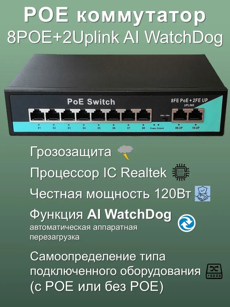 POE коммутатор свитч c 8POE+2Uplink,100 Мбит/с, WatchDog, 250 метров,120 Ватт