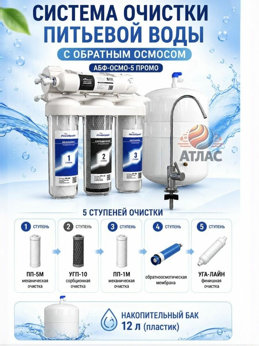 Фильтр для воды. Обратный осмос 5 ступеней, фильтр под мойку на кухню Аквабрайт АБФ-ОСМО-5 промо (пластиковый бак на 12 литров). Система обратного осмоса с отдельным краном