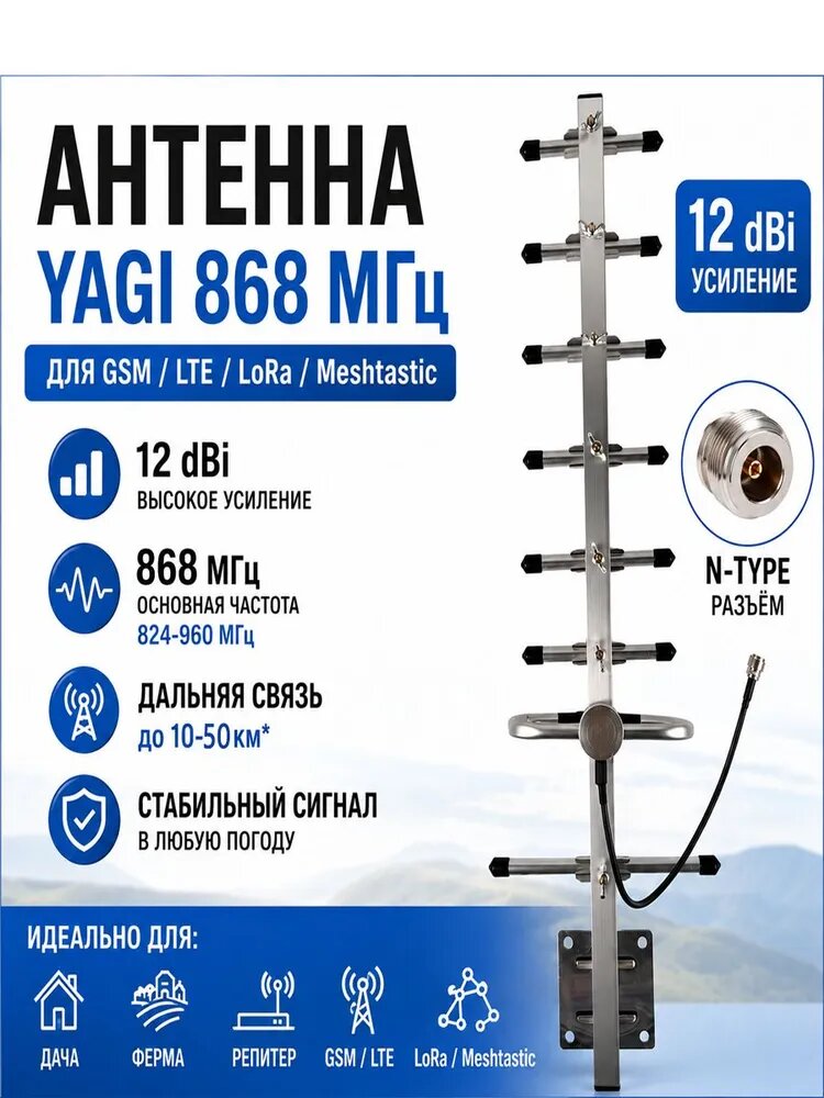 Направленная антенна Yagi 868 МГц 12 dBi для GSM / LTE / LoRa Уличная дальнодействующая для майнинга LoRaWAN US915 Совместима с RAK, HELTEC, SenseCAP, Bobcat Крепежные элементы антенны