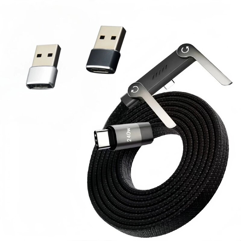 USB Type-C 2-в-1 зарядный кабель-подставка 240 Вт, быстрая зарядка, нейлоновая оплетка, не мешает рукам во время игры, для использования дома, в авто и на улице, 3 шт, черный кабель данных + серебристо-черный адаптер