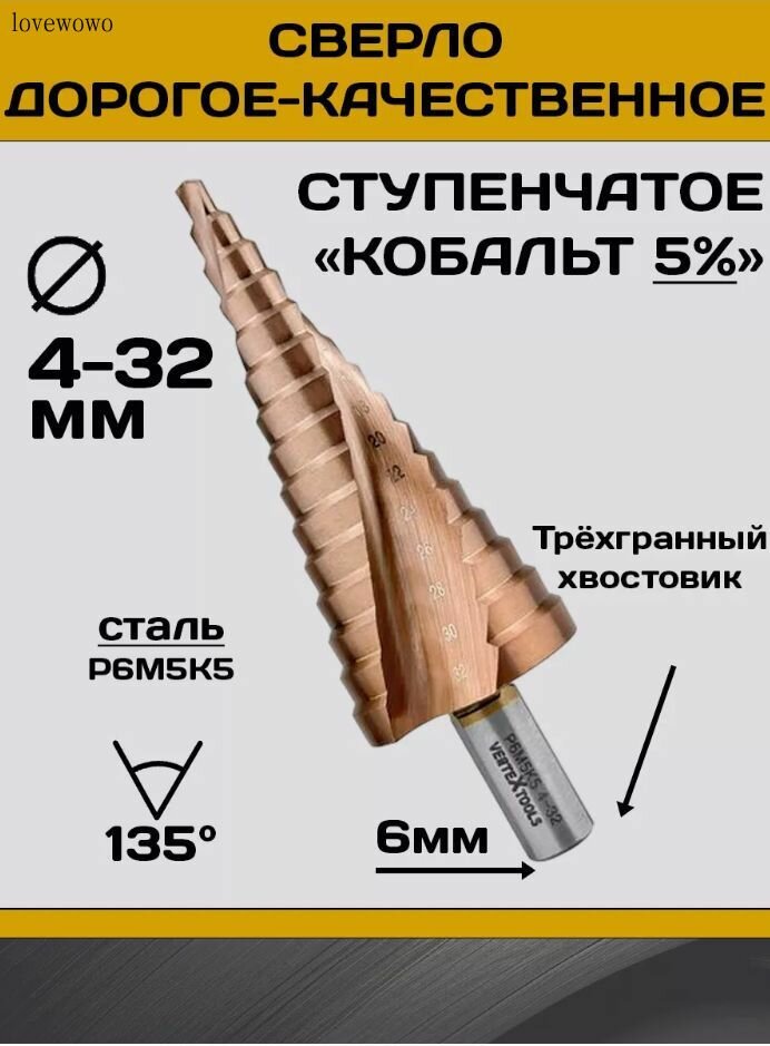 Сверло ступенчатое кобальтовое конусное по металлу 4-32мм