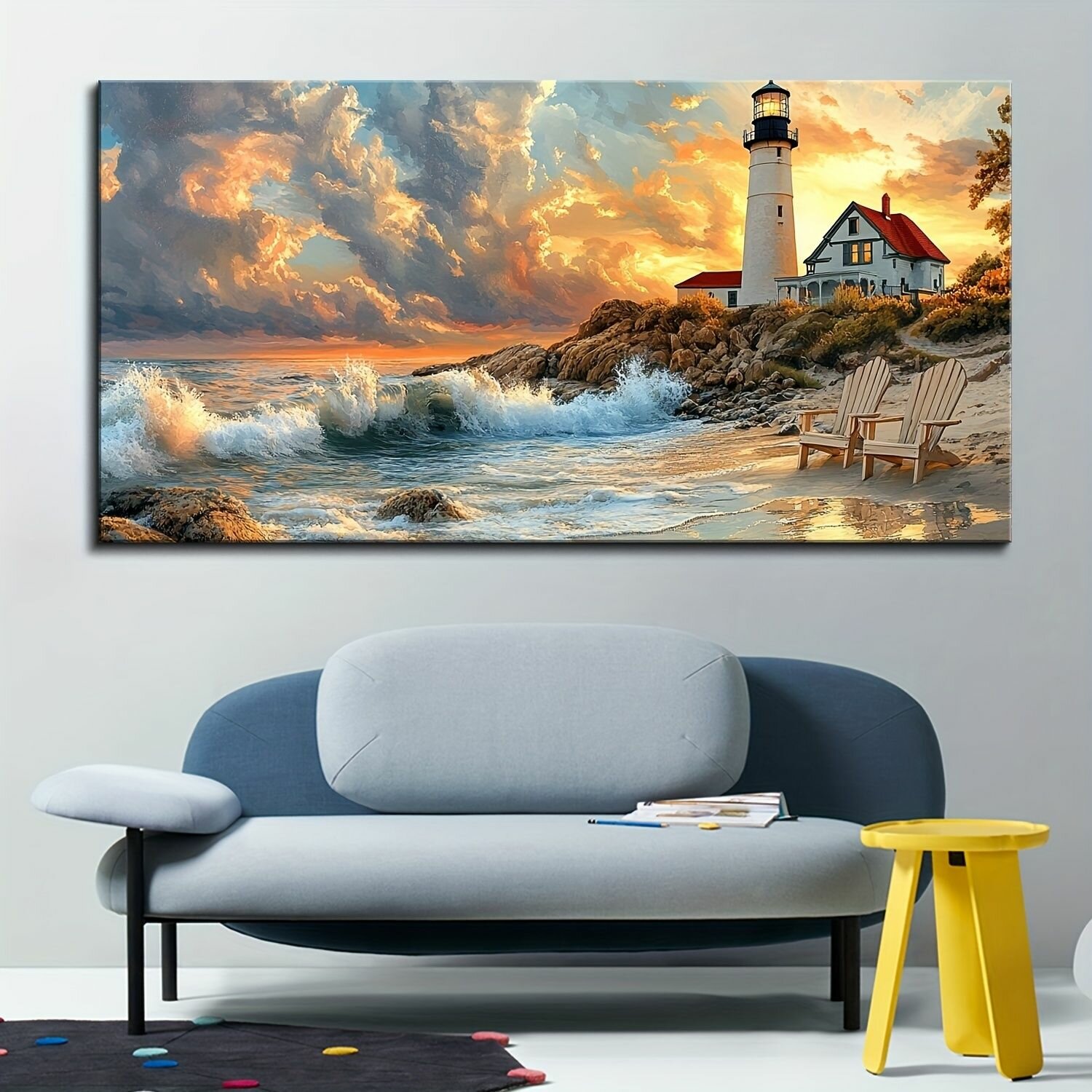 1 картина на холсте размером 60x120 см с изображением маяка на закате и морского пейзажа, настенный постер и принт, картина для гостиной, спальни, столовой, офиса (без рамы).