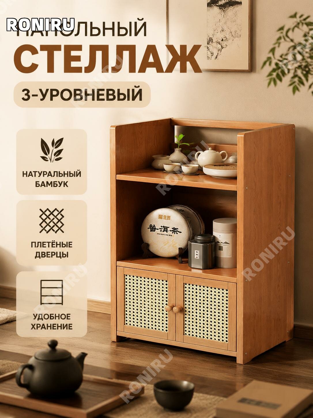 Напольный бамбуковый стеллаж-шкаф3 яруса50 см с дверцами и ящиком