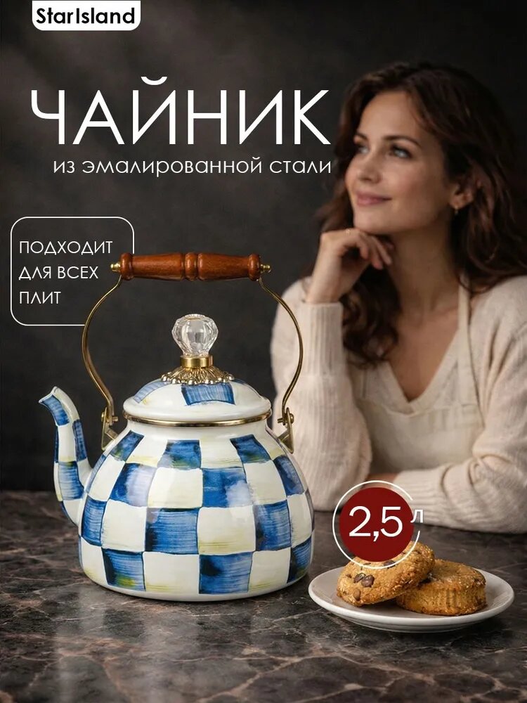 Чайник 2.5 л жаропрочная эмалированная сталь синий