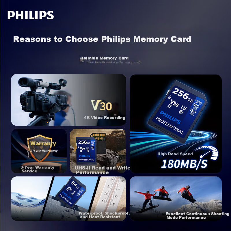 PHILIPS SD-карта 64 ГБ V30 U3 для камер 4K, скорость чтения 180 МБ/с, подходит для зеркальных фотоаппаратов Версия：64