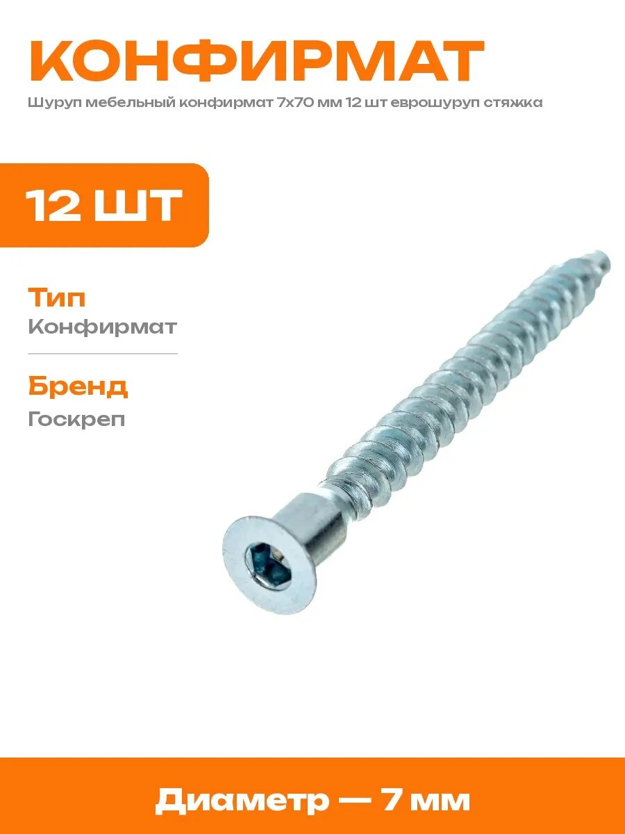 Евровинт мебельный 7х70 мм 12 шт конфирмат для мебели стяжка