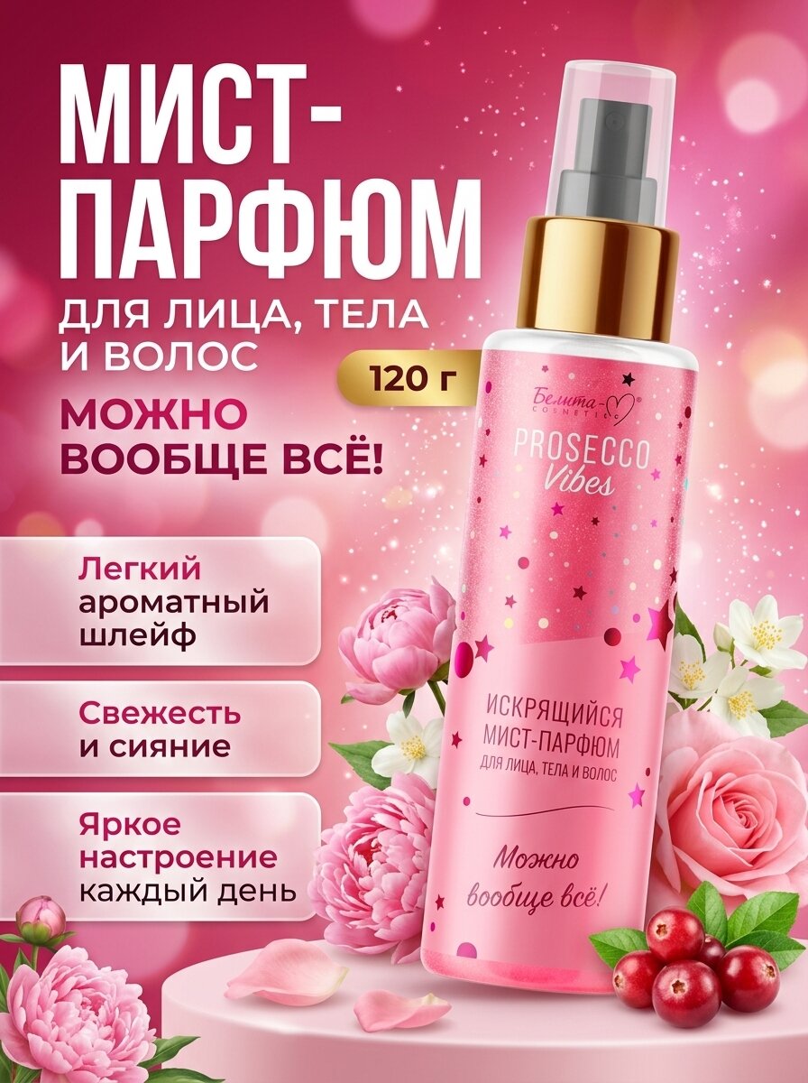 Мист-парфюм искрящийся (серебристый) для лица, тела и волос Белита-М, 120г