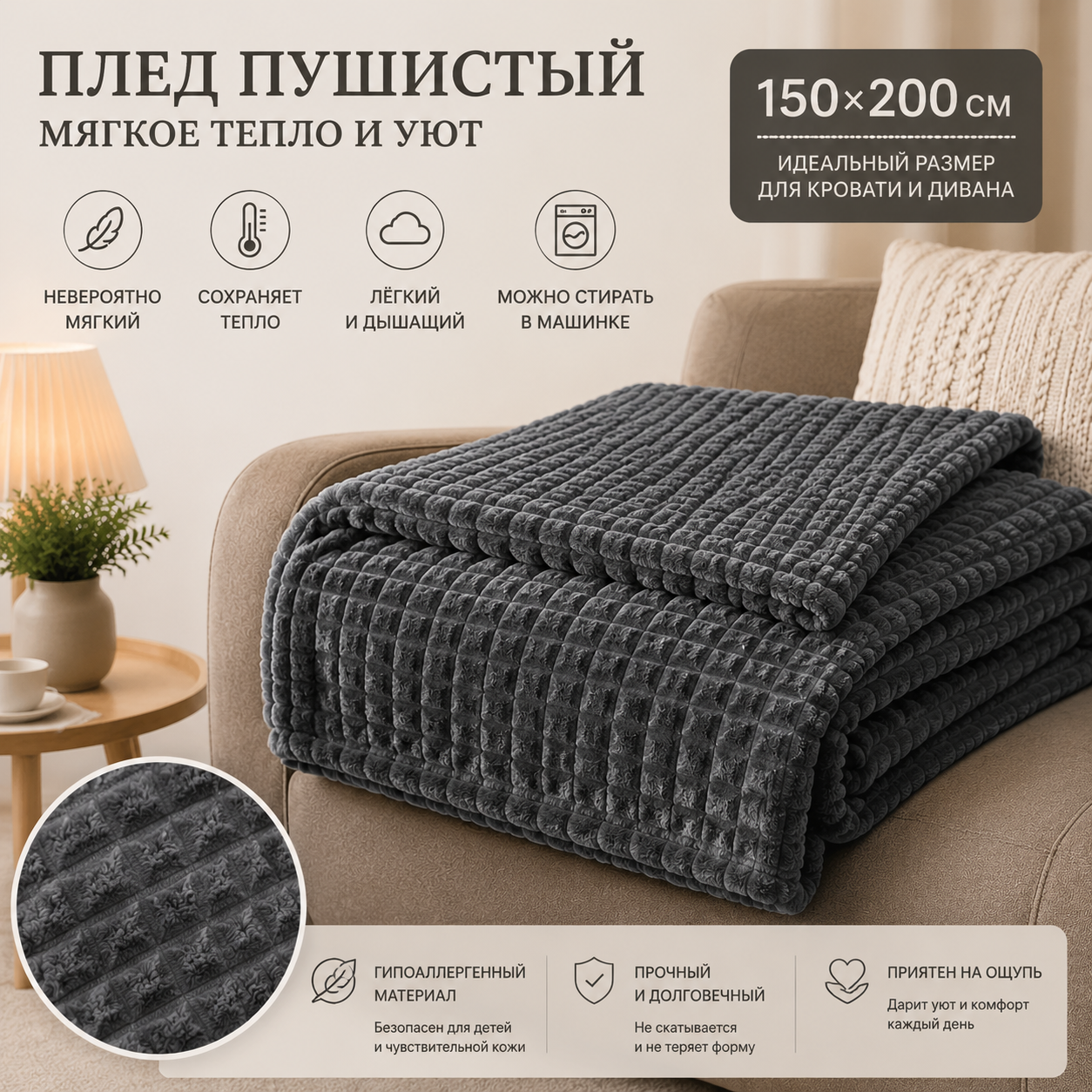 Плед на диван кровать 150х200/ плед в кубик велсофт серый однотонный/покрывало на кровать
