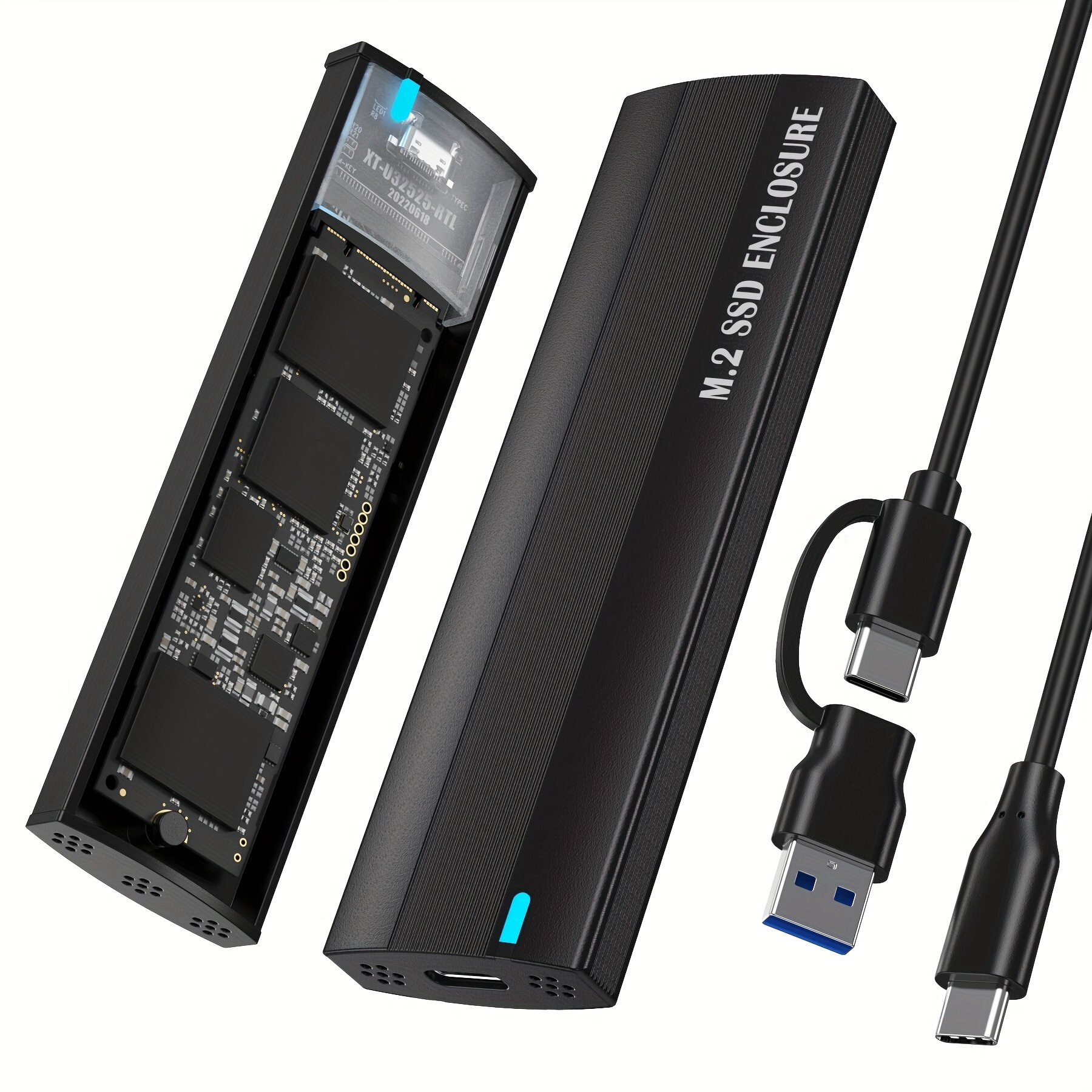 Внешний адаптер-корпус M.2 NVMe/SATA SSD, USB 3.1 10 Гбит/с, алюминиевый, поддержка PCI-E 6 Гбит/с, M-Key/B+M Key, UASP, для 2242/2260/2280, черный
