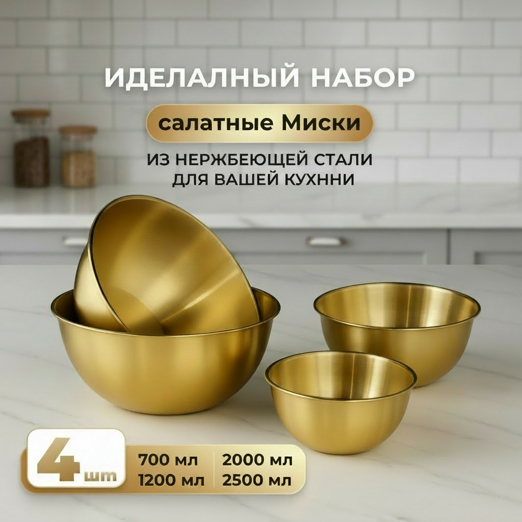 Миски золотые Shiny Kitchen набор 4 шт 2 5 л из нержавеющей стали