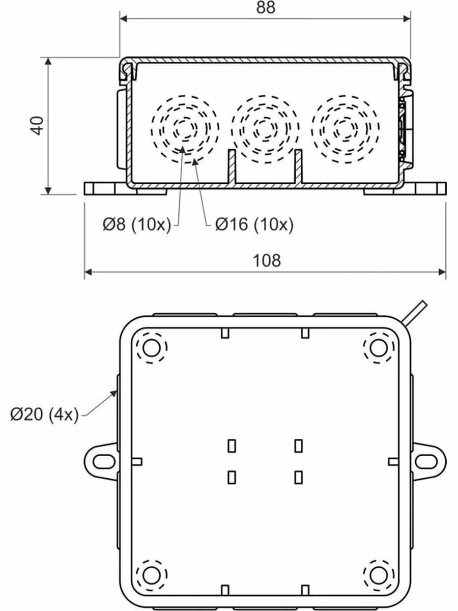 Коробка распределительная квадратная 88х88х40 мм IP54
