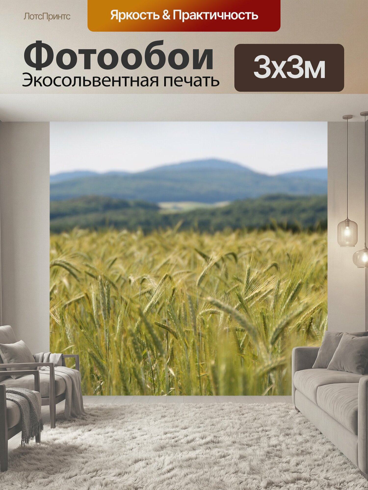 Фотообои "Пшеница, пшеничное поле, колосья пшеницы" 300x300 см. экосольвентная печать