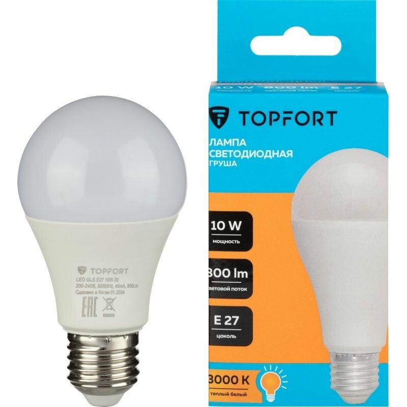 Лампа светодиодная Topfort E27 10 W 3000 K, груша