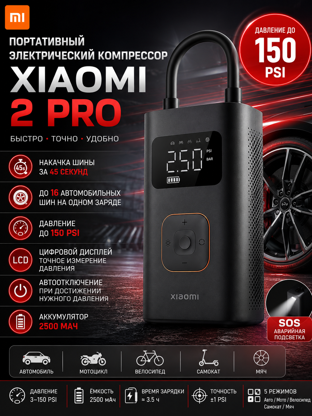 Насос электрический Xiaomi Mijia Electric Pump 2 Pro, 2 в 1, черный