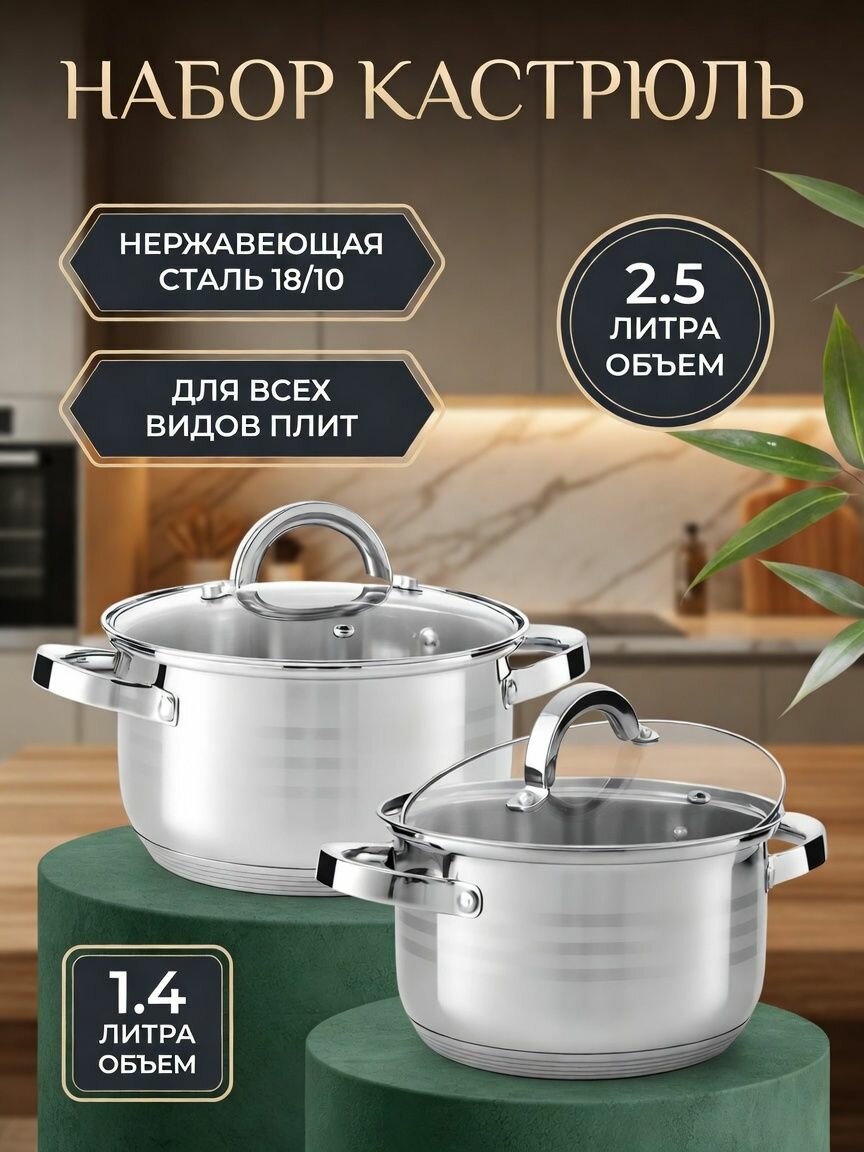 Набор Кастрюль С Крышкой И Толстым Дном Для Кухни и Готовки. Маленьких, Больших Из Нержавеющей Стали Для Газовых, Электрических, Индукционных Плит. Серебристый, 2шт