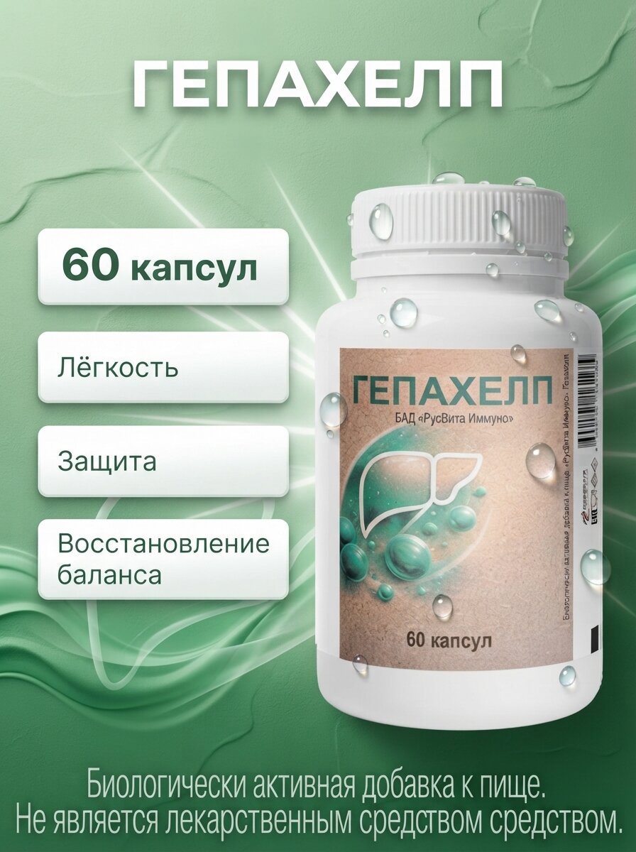 БАД для печени Гепахелп, активные ингредиенты, натуральный состав, банка, 60 капсул