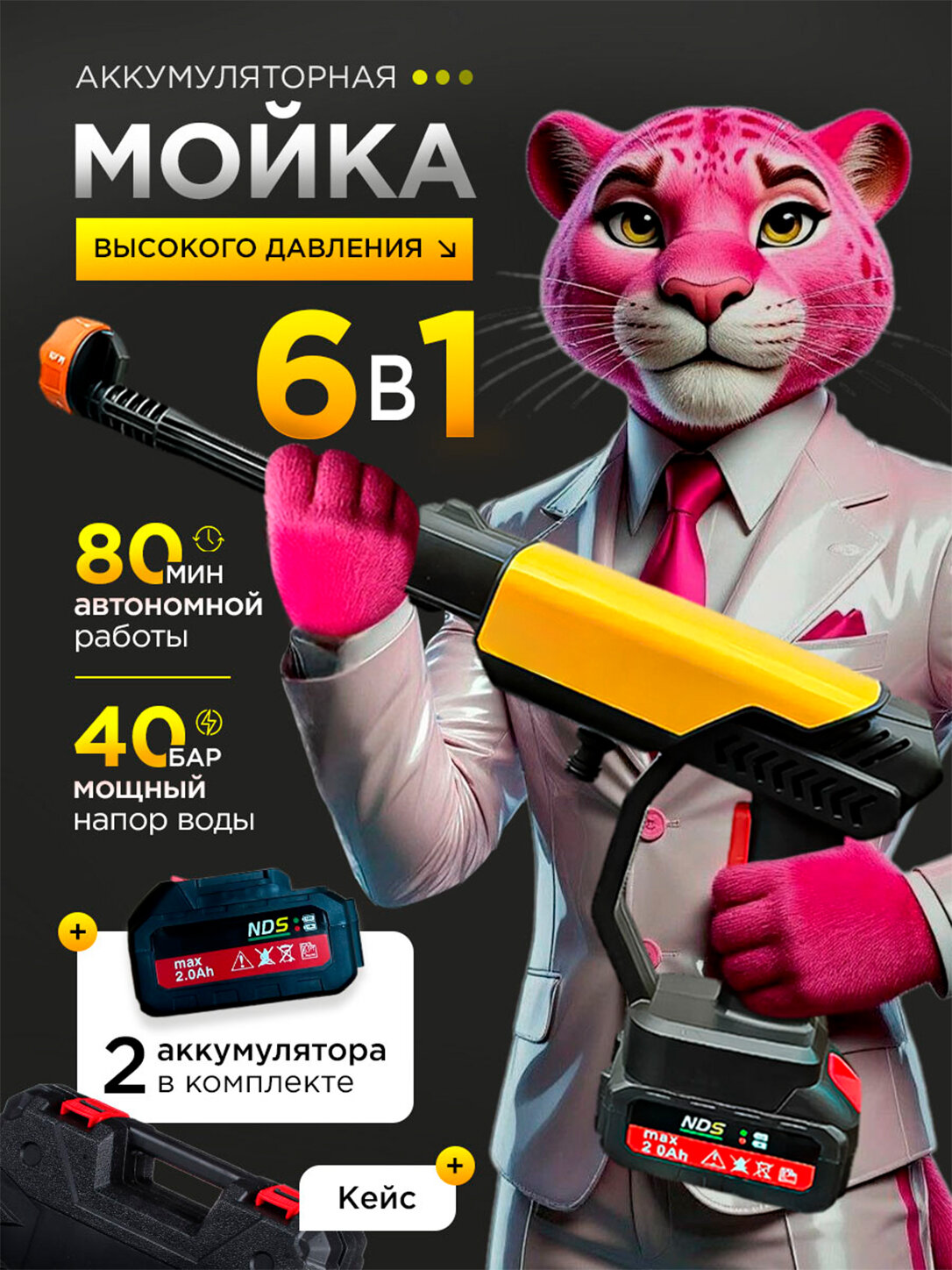 Беспроводная автомойка высокого давления, с двумя аккумуляторами в кейсе. Портативная мойка с пенообразователем