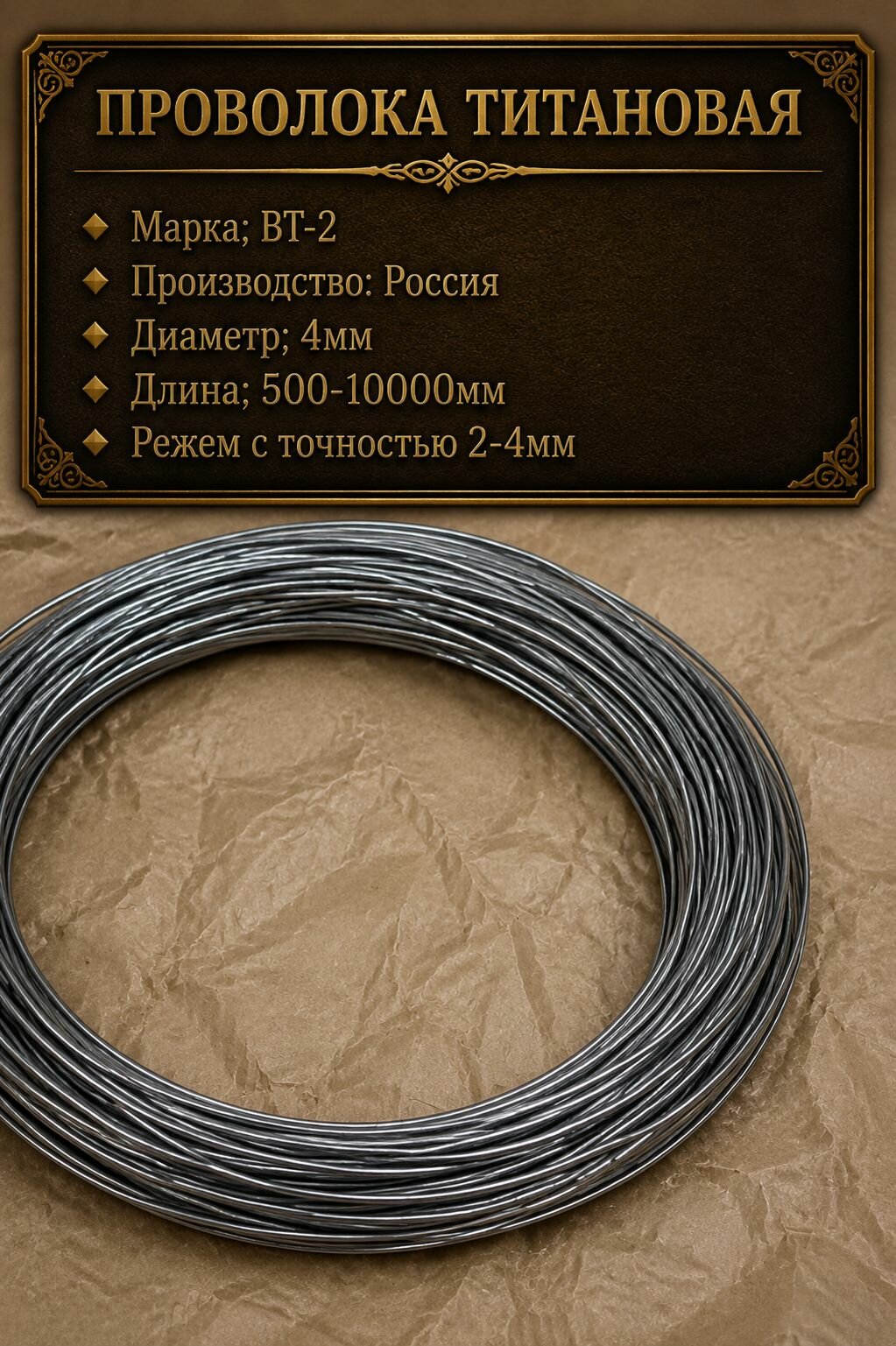 Титановая проволока ВТ2, Диаметр 4мм х 500мм