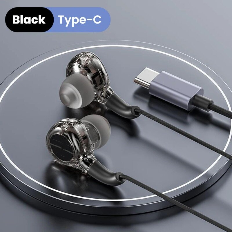 Проводные внутриканальные наушники с микрофоном, разъемы USB Type-C и 3.5 мм, Hi-Fi, объемный звук, шумоподавление, цвет черный