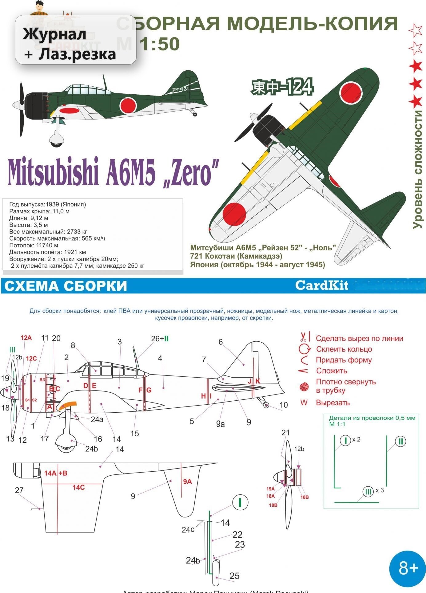 Сборная бумажная модель Истребитель Mitsubishi A6M5 Zero - CardKit (журнал+лаз. резка)