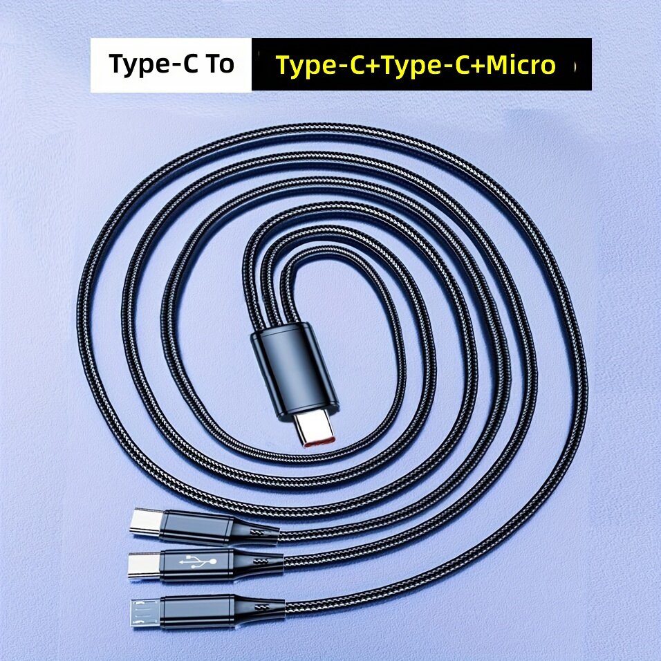 3-в-1 кабель для быстрой зарядки, 66W, USB-C на USB-C + USB-C + Micro USB, 47 дюймов, нейлоновая оплетка, поддержка передачи данных, черный