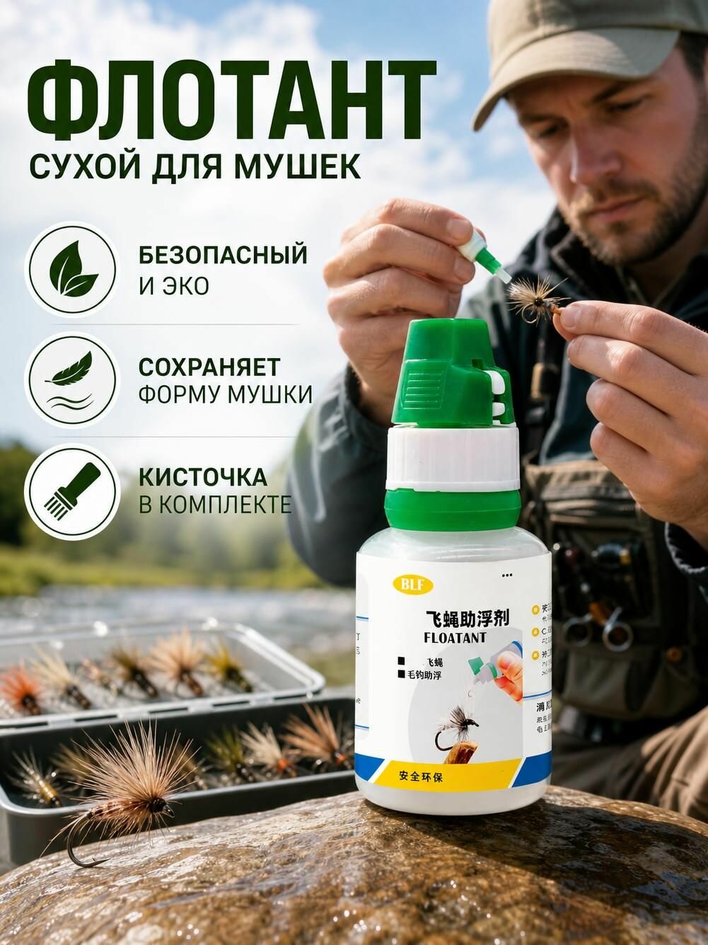 BLF Флотант для сухих мушек жидкий, бутылочка с зеленым колпачком-капельницей