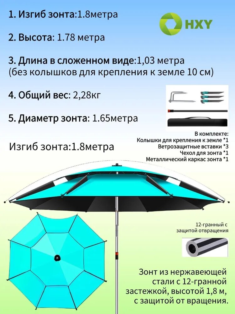 Зонт для рыбалки.1,8-метровый, с защитой от вращения, 12-гранный. Голубой