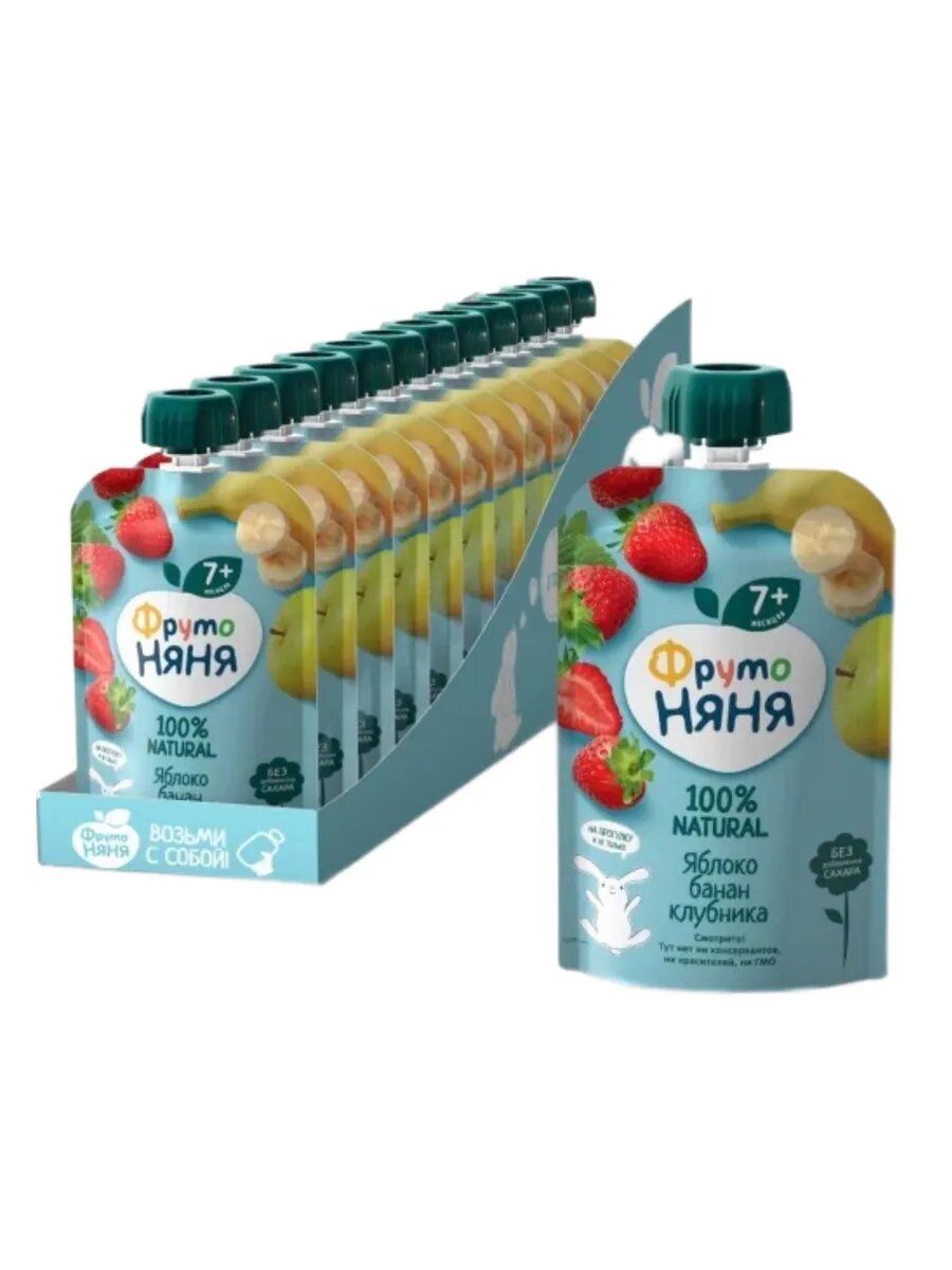 ФрутоНяня Десерт из яблок, банан и клубники, 12 шт по 90 г