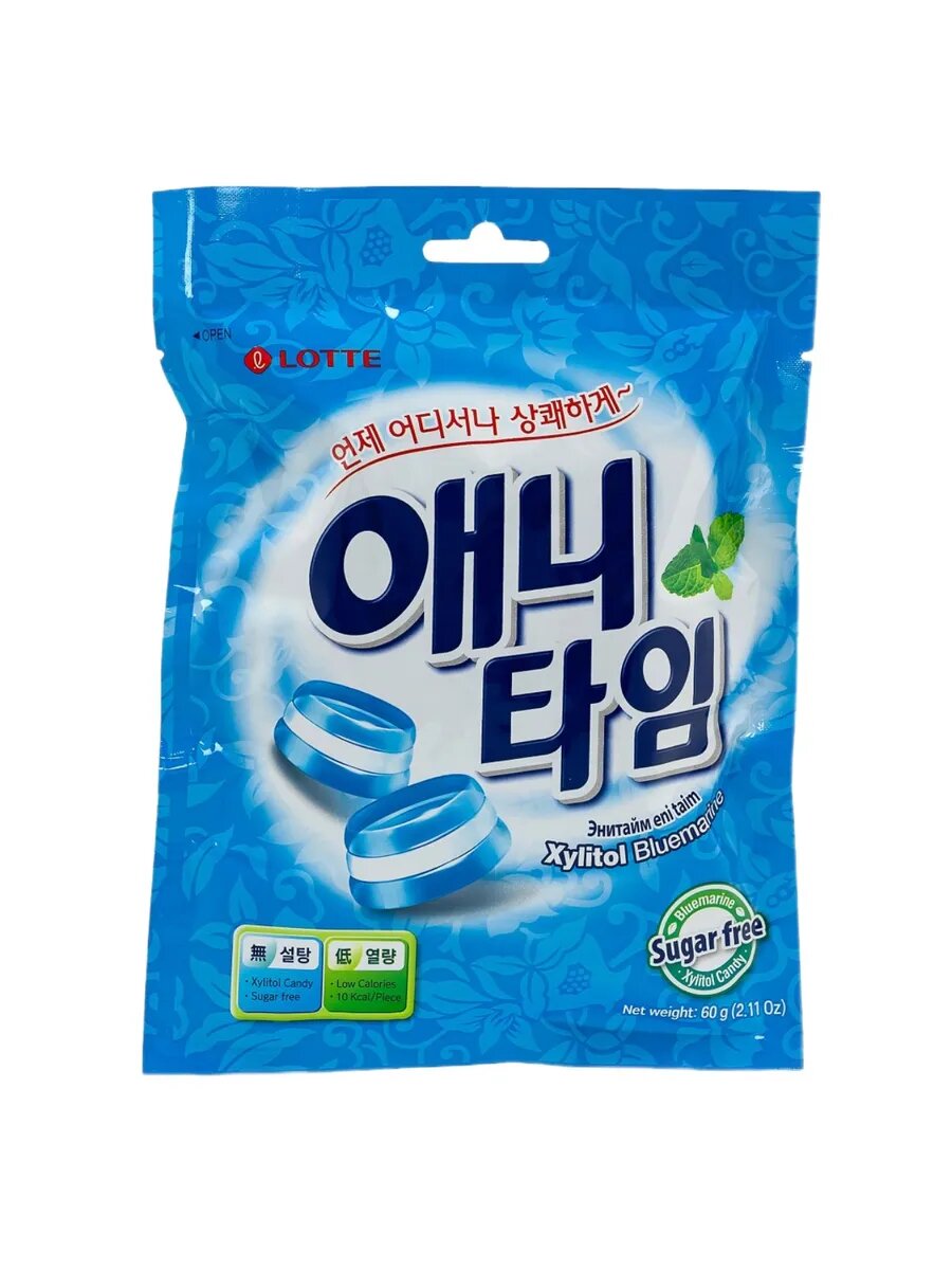 LOTTE Anytime Леденцы без сахара со вкусом освежающей мяты, 60 г