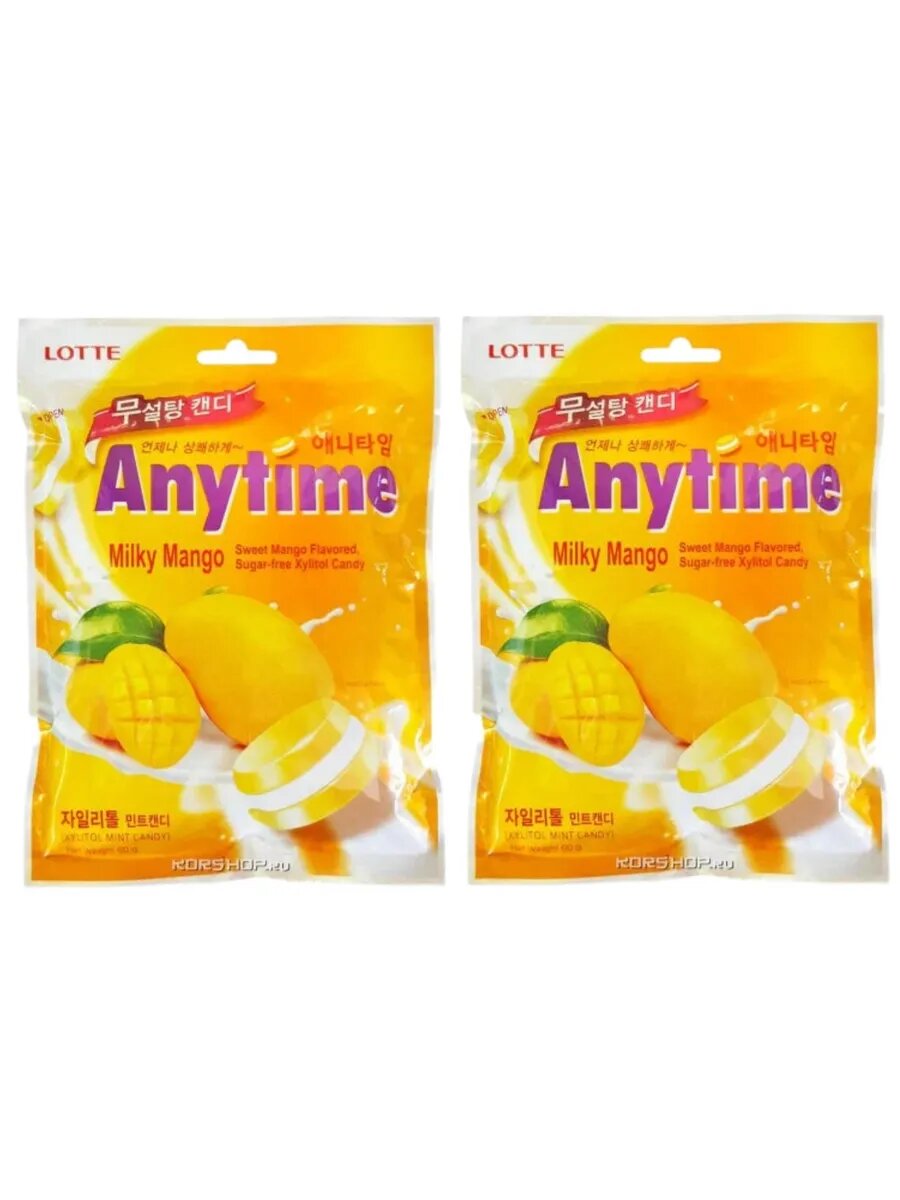 LOTTE Anytime Леденцы без сахара со вкусом молока и манго, 2 уп по 60 г