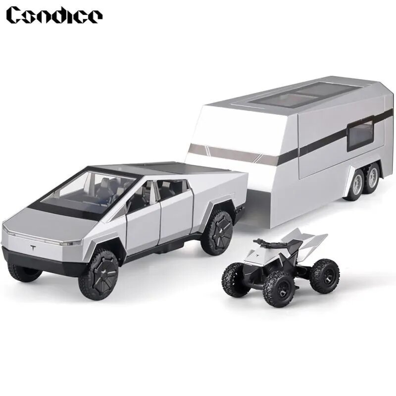 Машинка металлическая Тесла Cybertruck с квадроциклом, модель в масштабе 1:24, машинка инерционная со светящимися фарами