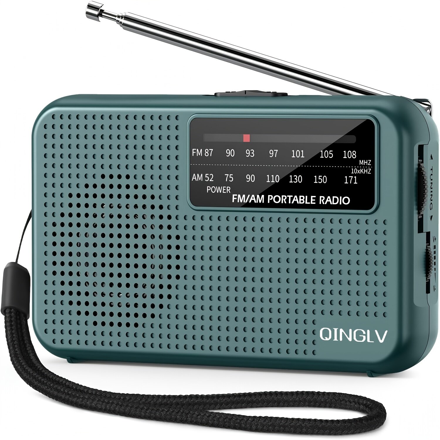Портативное мини-радио AM/FM с телескопической антенной и разъемом для наушников, питание от 2 батареек AA (не входят в комплект), зеленый цвет