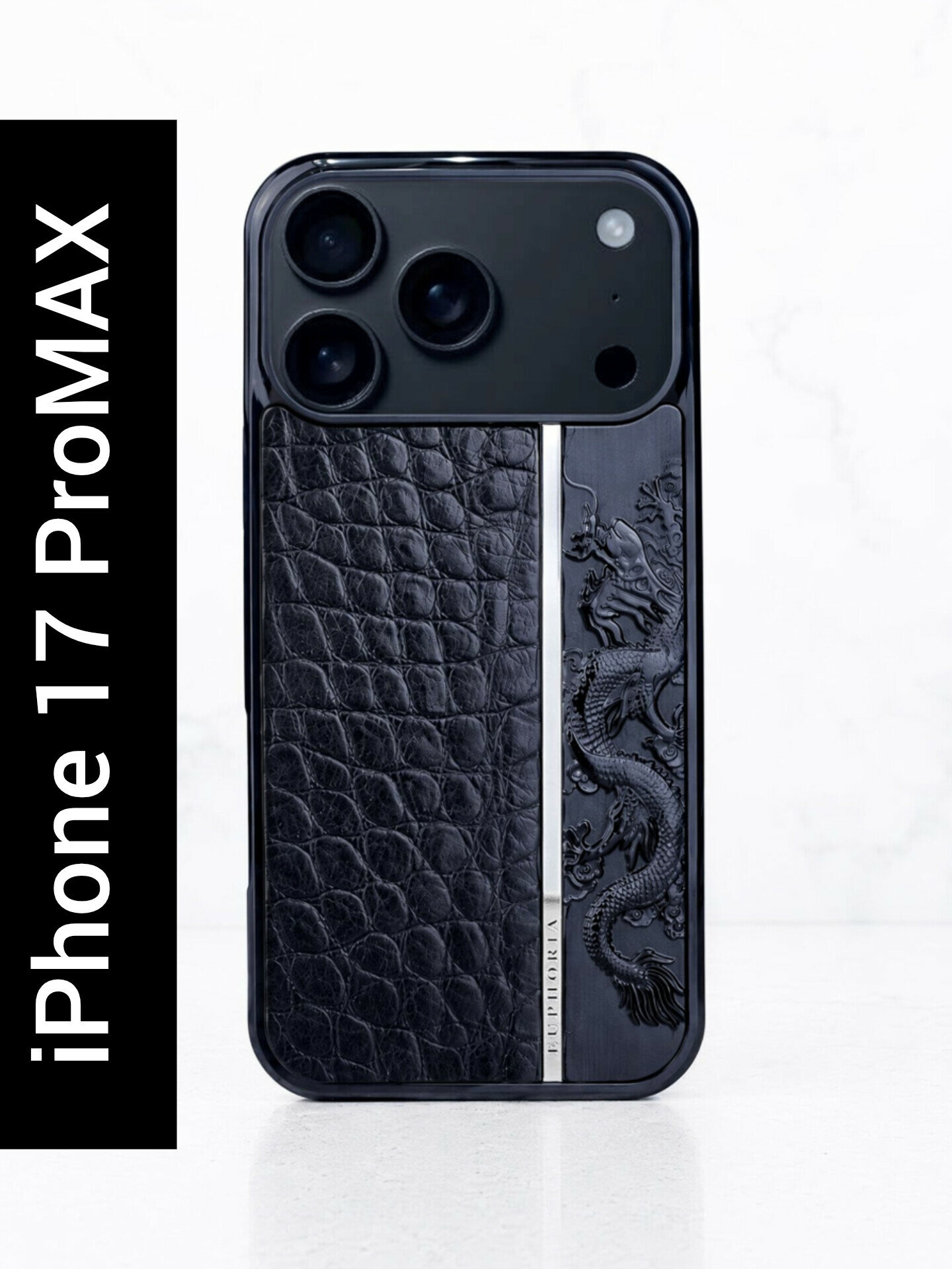 Чехол iPhone 17 Pro Max / Euphoria HM Obsidian Dragon MiniCROC, натуральная кожа, чёрный дракон, премиум