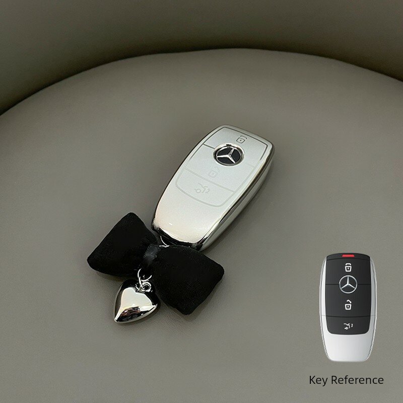 Автомобильный держатель для ключа Mercedes-Benz B-стиль, шиммер-силвер с черным сердечным бантом для моделей E-класса,