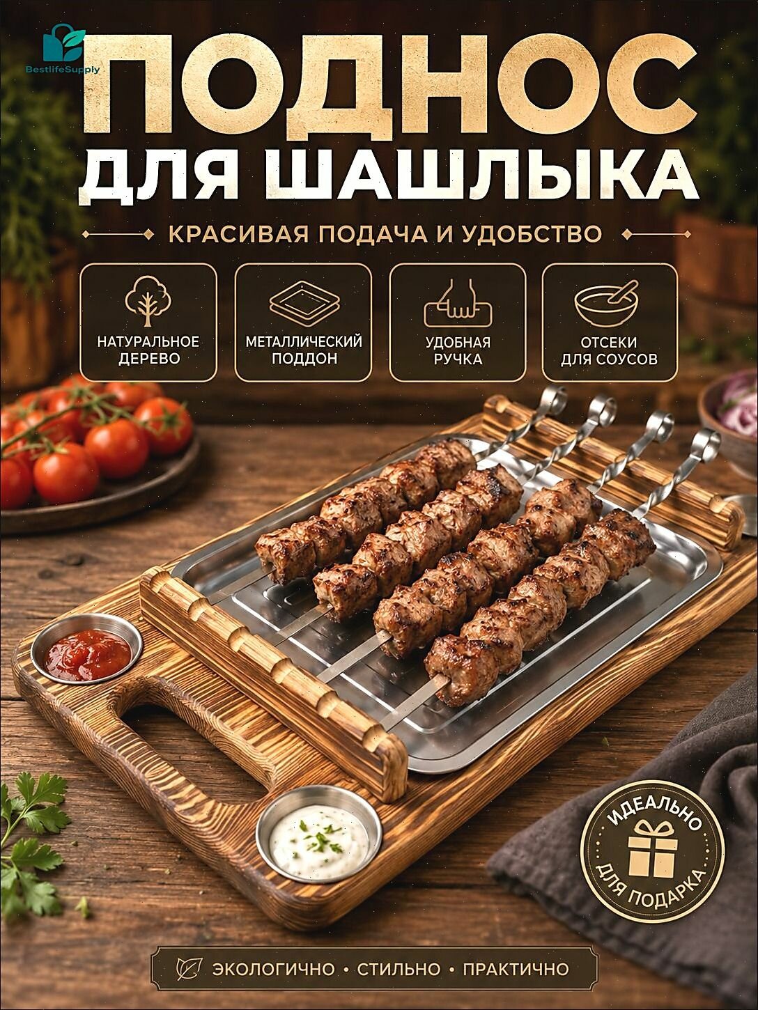 Блюдо деревянное для шашлыка 56х30 см / Поднос сервировочный из массива сосны с деревянными ручками