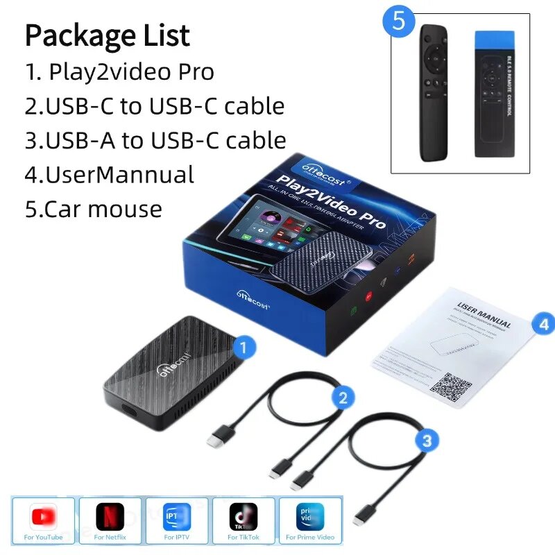 Ottocast Play2 Video Pro CarPlay AI Box: беспроводной CarPlay и Android Auto, Pro with car mouse
