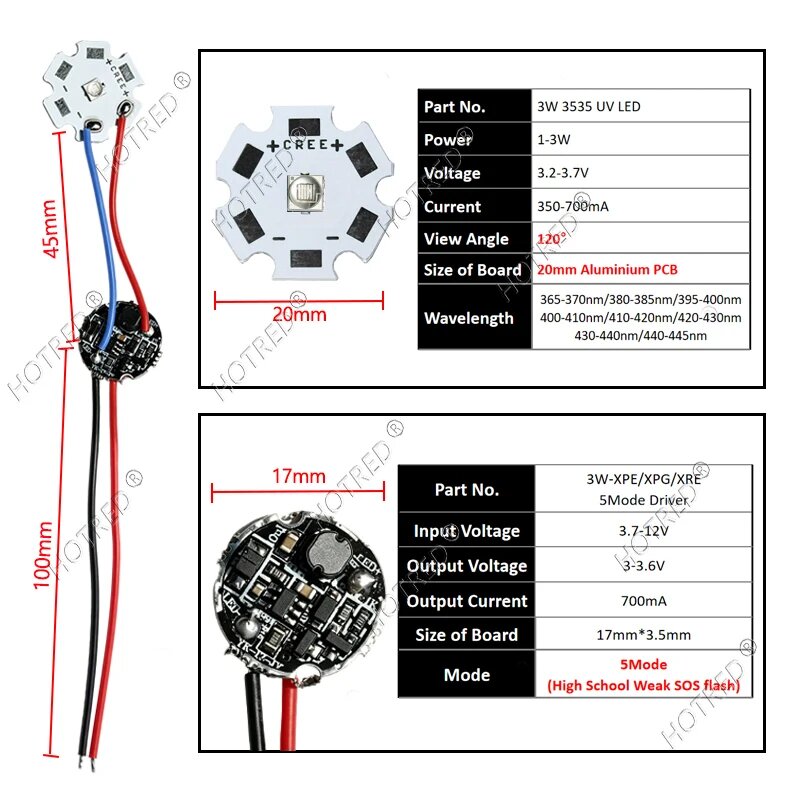 Светодиодный чип OTdiode 3W 3535 УФ-фиолетовый DC3.7V/5V/12V 17мм 20mmLed.17mm5M Drive, 440-445nm