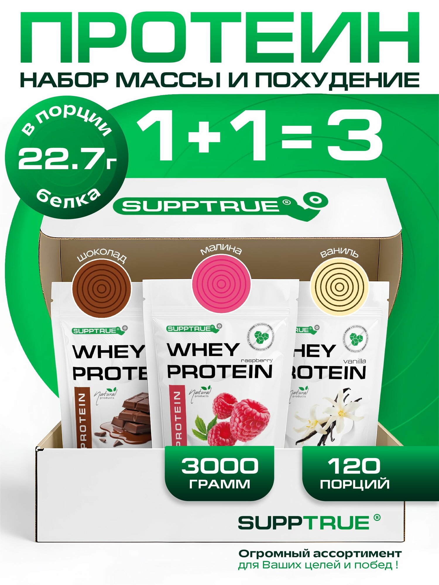 Протеин сывороточный Supptrue, набор протеинов Ваниль + Шоколад + Малина / 3000г 120 порций мультивкус большая упаковка сывороточный белок