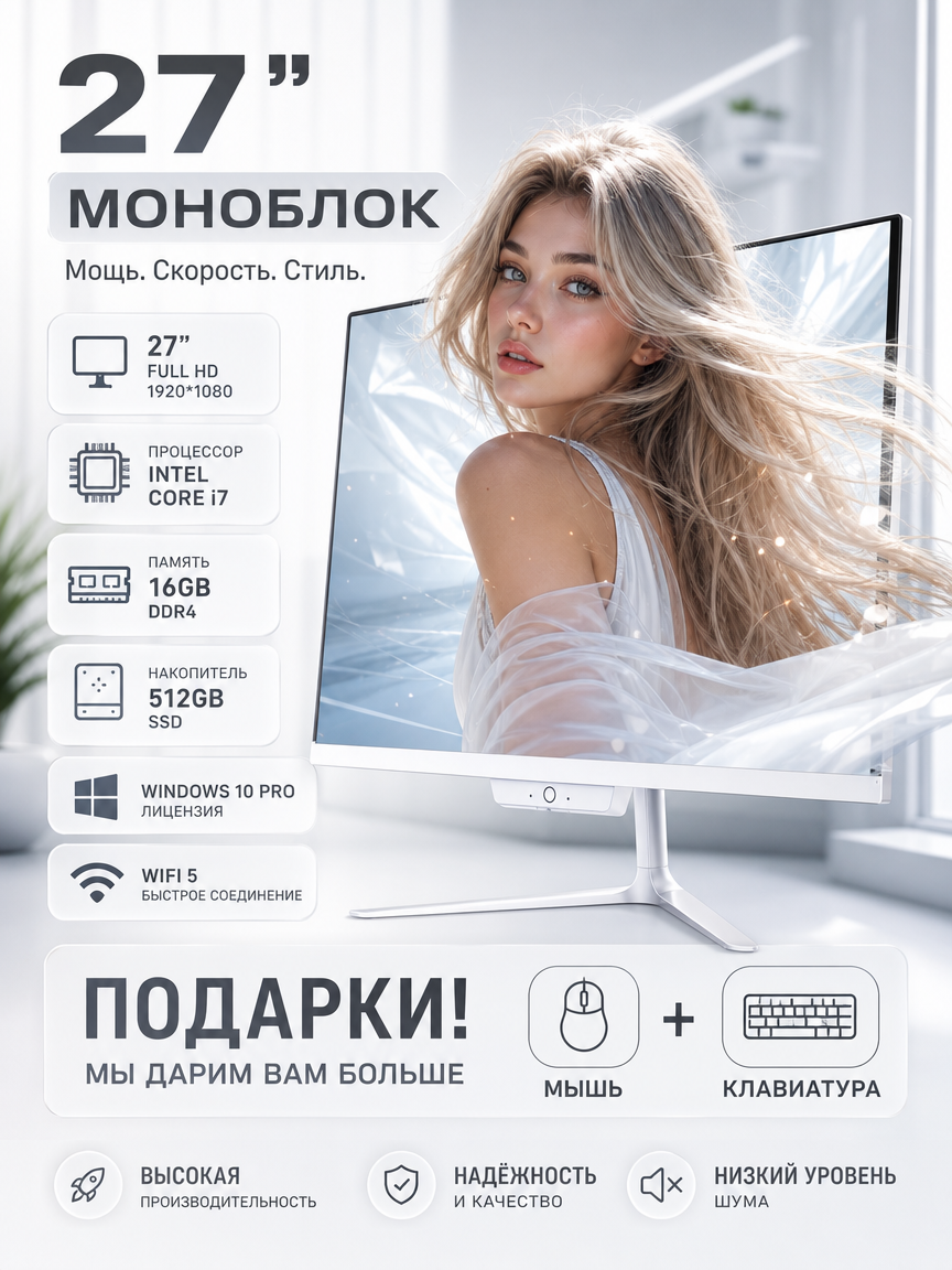 Моноблок 27" FHD Intel i7 16/512 ГБ Win10 Pro, мышь и клавиатура в наборе