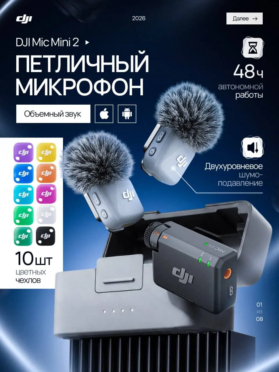 Беспроводной микрофон DJI Mic Mini 2 (2TX + 1RX+Charging Case) с зарядным кейсом, петличный, динамический
