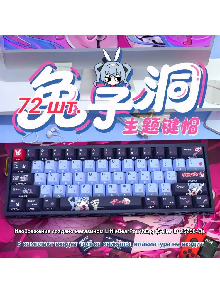 Кейкапы для клавиатуры, Hatsune Miku / Rabbit Hole, профиль Cherry (боковая подсветка) 72 шт, PBT, сублимационная печать (совместимы с Wooting/магнитными осями) (в коробке)
