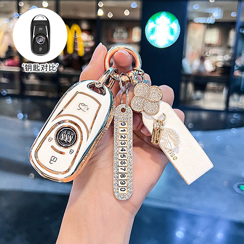 Премиум кожаный чехол для ключа Buick Verano Pro перламутрово-белый с французским удачным бантом и номерной табличкой