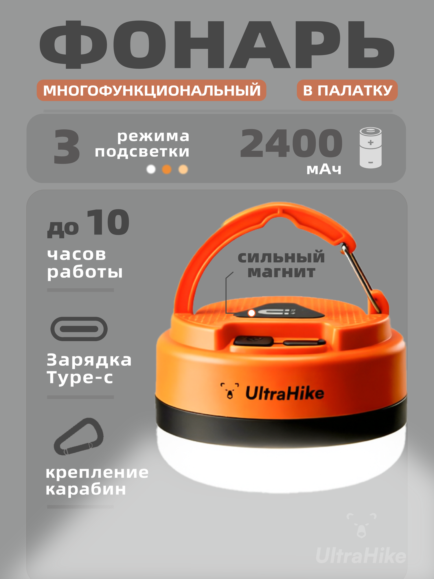 Фонарь UltraHike, кемпинговый, подвесной, для палатки, аккумуляторный, 2400мАч