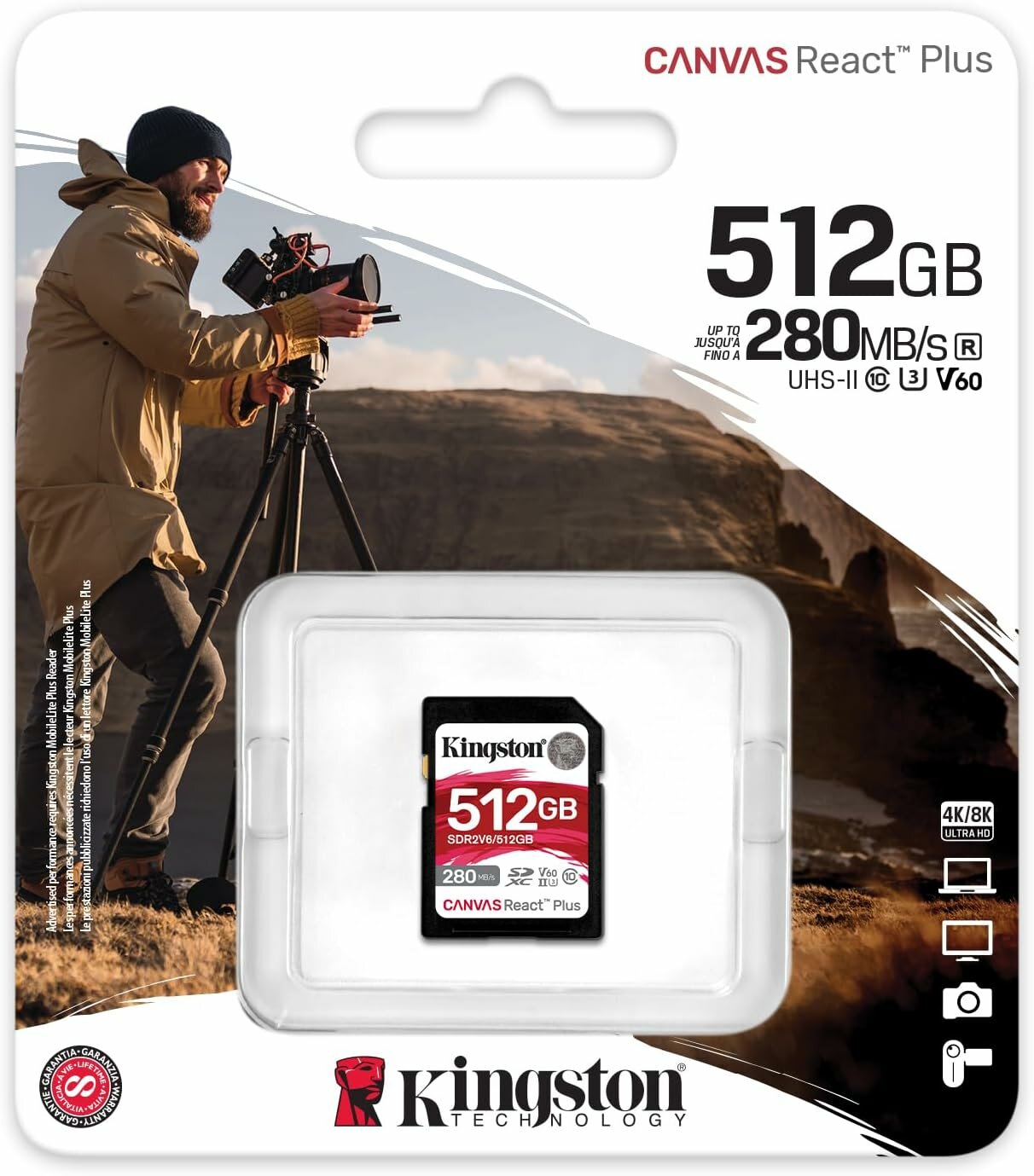 Карта памяти Kingston 512 Gb Canvas React Plus V60, SDXC для съемок видео 4K и 8K, UHS-II U3 (280/150 Mb/s)