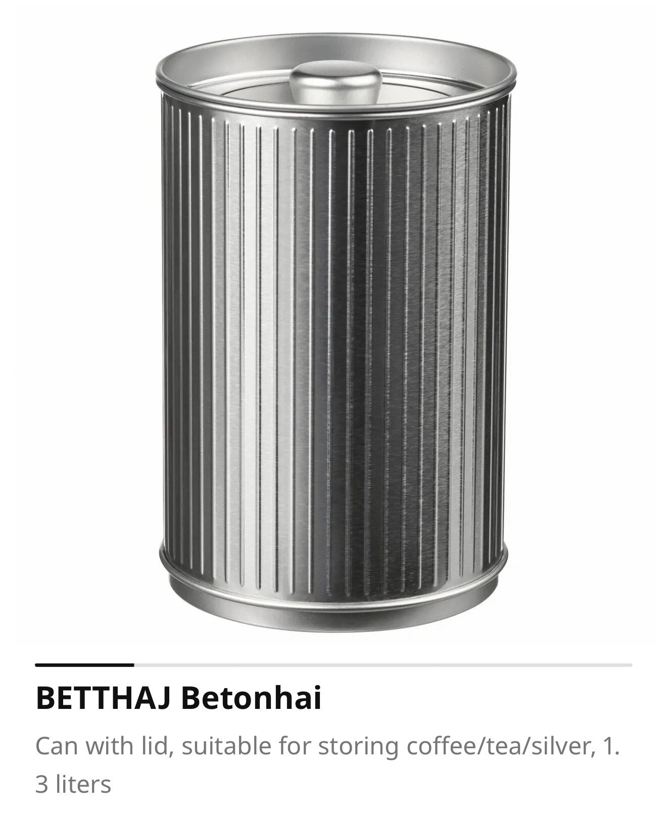 Уценка (дырка на дне) Банка с крышкой BETTHAJ IKEA, подходит для хранения кофе/чая/серебристый, 1,3 литра.